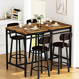 Recaceik Dining Table Set for 4 Bar Kitchen Table and Chairs for 4, Counter Height Table with 4 PU Leather Upholstered Stool, Dinner Table Breakfast Nook Table Set for Small Space, Rustic Brown