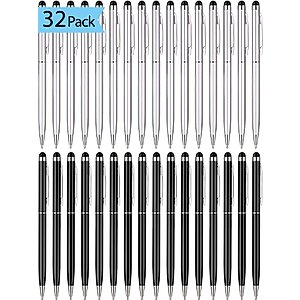 32 Pieces Stylus Pen for Touch Screens, 2 in 1 Universal Ballpoint Fine Tip Stylus Metal Pens, Black Ink, for Most Capacitive Touch-Screen Phone Tablet (Black, Silver)