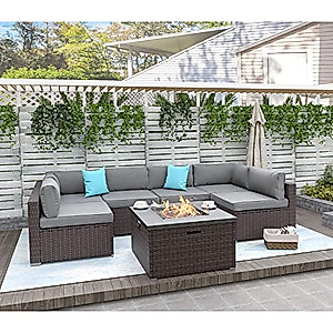 HOMPUS 7-Piece Outdoor Patio Furniture Set, All-Weather Wicker Sectional Sofa, Dark Grey Cushions w 32-inch Square Dark Brown Wicker Fire Table (40,000 BTU), Tank Outside, Glass Wind Guard