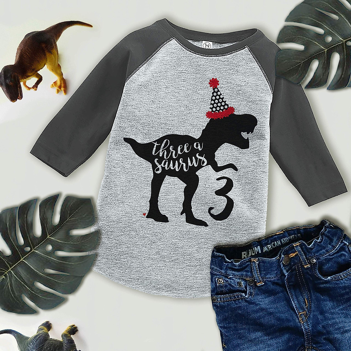 7 ate 9 Apparel Three 3rd Third 3 Birthday Dino Dinosaur Grey Baseball Shirt 3T