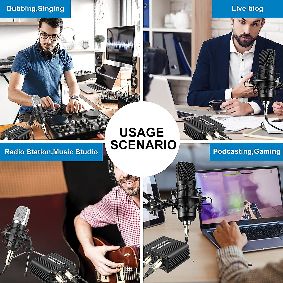 Aokeo 1-Channel 48V Phantom Power Supply with Adapter, Bonus+XLR 3 Pin Microphone Cable for Any Condenser Microphone Music Recording Equipment