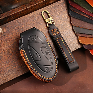 SANRILY Handmade Leather 7 Button Key Fob Cover for Hyundai ioniq 6 2023 Smart Key Keyless Full Protection Key Fob Case with Keychain Black