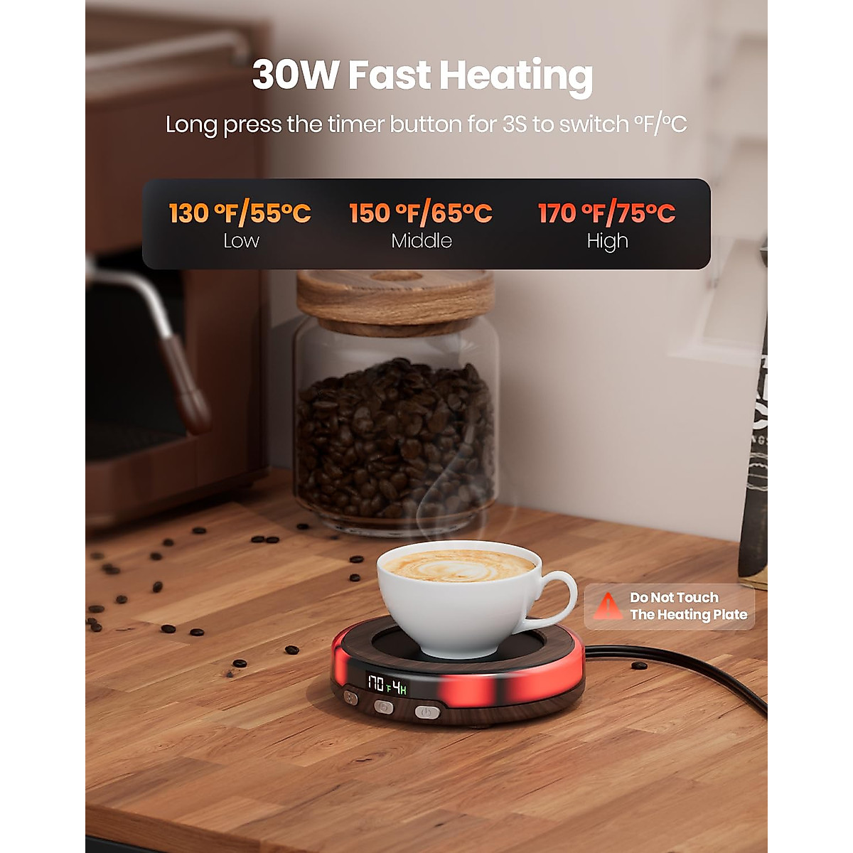 Gaiatop Mug Warmer, 30W Coffee Mug Warmer with Colorful LED Atmosphere Lights, 3 Temp Settings Coffer Warmer for Desk, 2-9Hrs Timer, Candle Warmer Beverage Heating Plate for Coffer, Tea, Milk-Wood