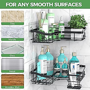 3Free Corner Shower Caddy, 4 Pack Strong Adhesive Shower Organizer with Soap Holder and 12 Hooks No Drilling Shower Shelves, Rustproof SUS304 Stainless Steel Bathroom Shower Shelf for Inside Shower