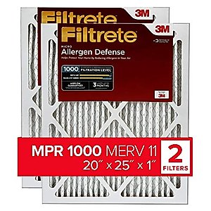 Filtrete 20x25x1, AC Furnace Air Filter, MPR 1000, Micro Allergen Defense, 2-Pack (exact dimensions 19.688 x 24.688 x 0.84)
