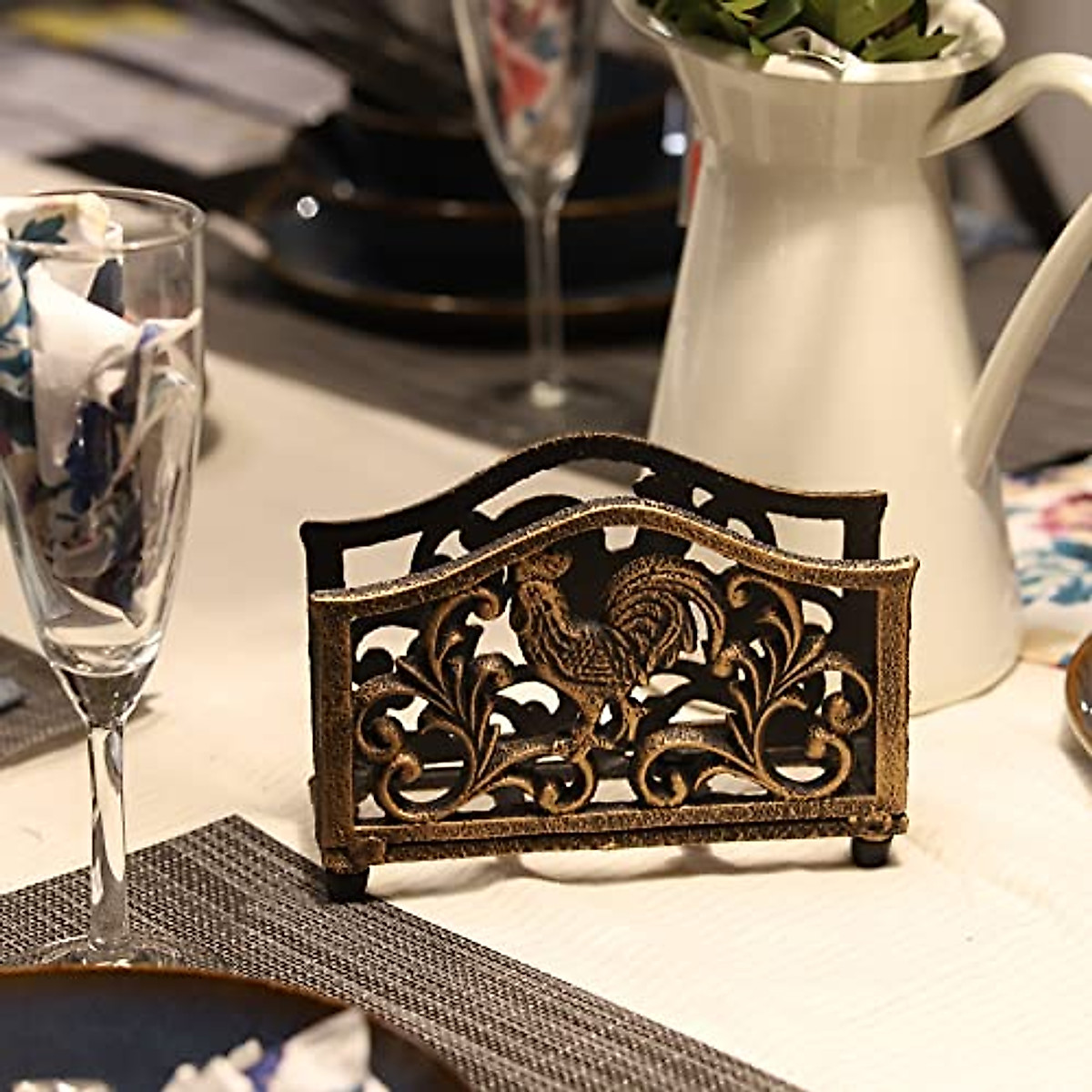 Napkin Holder for Table, Bronze Napkin Holders for Paper Napkins, Cast Iron Rooster Design with Rustic Farmhouse Style for Home and Kitchen by Witsbrez (Bronze Rooster)