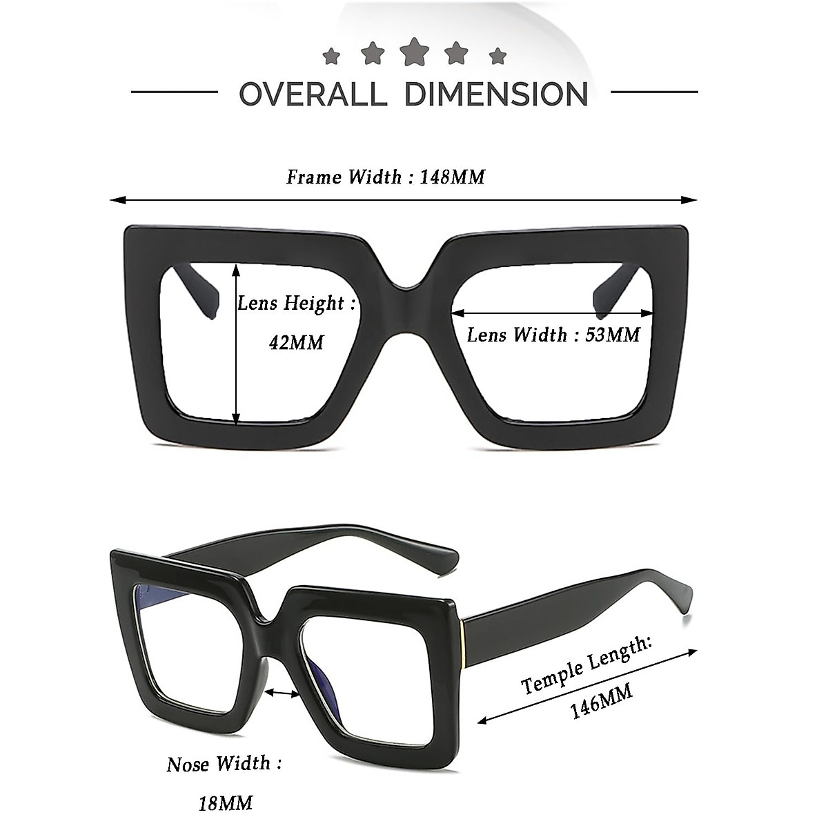 Kursan Oversized Square Black Glasses for Women Men Big Frame Blue Light Blocking Glasses Fashion Eyeglasses (Bright Black)