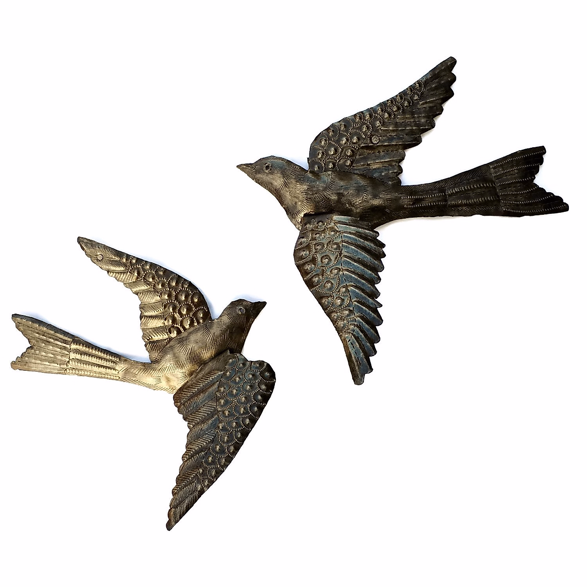Set of 2 Garden Birds, Spring Home Accent Decor, 3D Wings, Metal Wall Hanging, Indoor Outdoor Display, Handmade 11 x 13 Inches