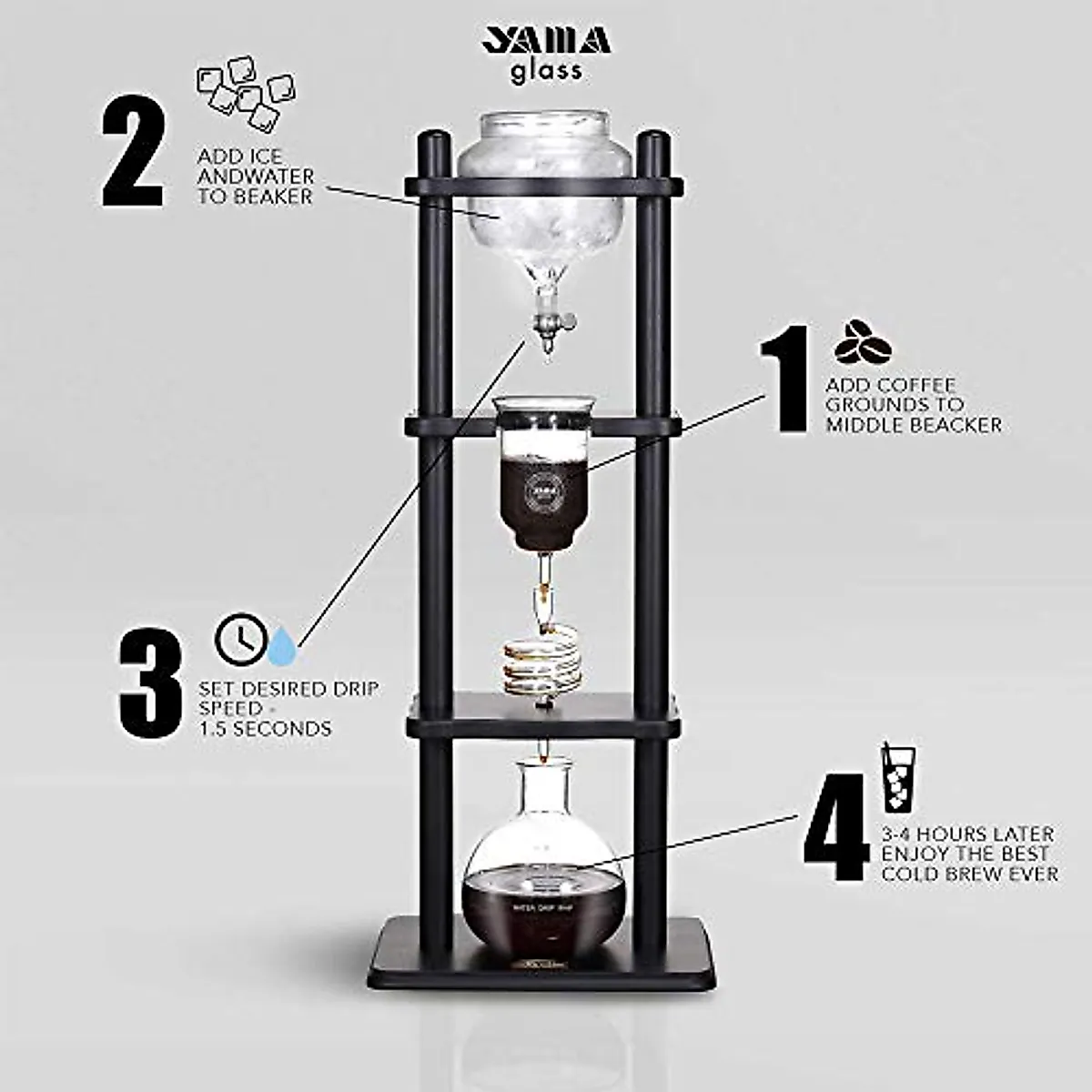 Yama Glass Cold Brew Maker I Ice Coffee Machine With Slow Drip Technology I Makes 6-8 cups (32oz), Large Capacity Cold Brew Coffee Tower, Black