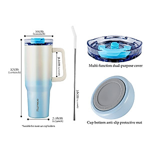 Murmioo 40OZ Tumbler with Handle and Straw,Insulated Leak Proof Double Walled Stainless Steel Travel Mug,Reusable Water Bottle Cup，keep Cold Ice，Hot water for Hours(Blue white gradient)