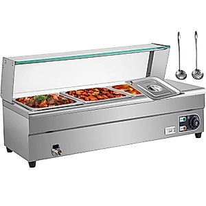 VEVOR 110V Bain Marie Food Warmer 8 Pan x 1/2 GN,Food Grade Stainelss Steel Commercial Food Steam Table 6-Inch Deep, 1800W Electric Countertop Food Warmer 88 Quart with Tempered Glass Shield