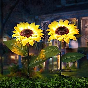 QFC Sunflower Solar Lights Outdoor Garden Decorations, Upgraded 2 PCS Solar Garden Lights for Yard Decor, Waterproof LED Sunflowers Artificial Flowers Lights for Lawn, Patio, Porch, Backyard (2PCS)