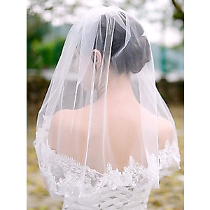 Unsutuo Bride Wedding Veil White Short Lace Bridal Veils Shoulder Length Veil with Comb for Women and Girls