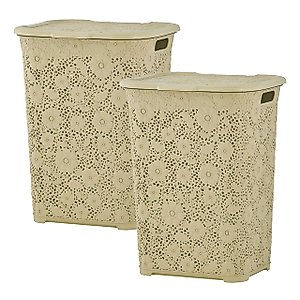 Superio Laundry Hamper with Lid Lace Design 50 Liter – 2 Pack Laundry Hamper Basket with Cutout Handles, Rectangular Shape Modern Style Bin -Dirty Cloths Storage (Beige 2 Pack)