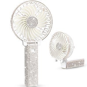 Mudder Crystal Bling Rhinestone Mini Handheld Fan Portable Usb Rechargeable Fan Battery Operated Small Folding Personal Fan for Girls Women Outdoor Travel Indoor Makeup Office (White,Classic Style)