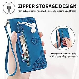 ONV Wallet Case for OnePlus N20 - with Zipper Wrist Strap Emboss Flower Flip Phone Case Card Slot Magnet Leather Shell Flip Stand Cover for OnePlus N20[SZY] -Blue