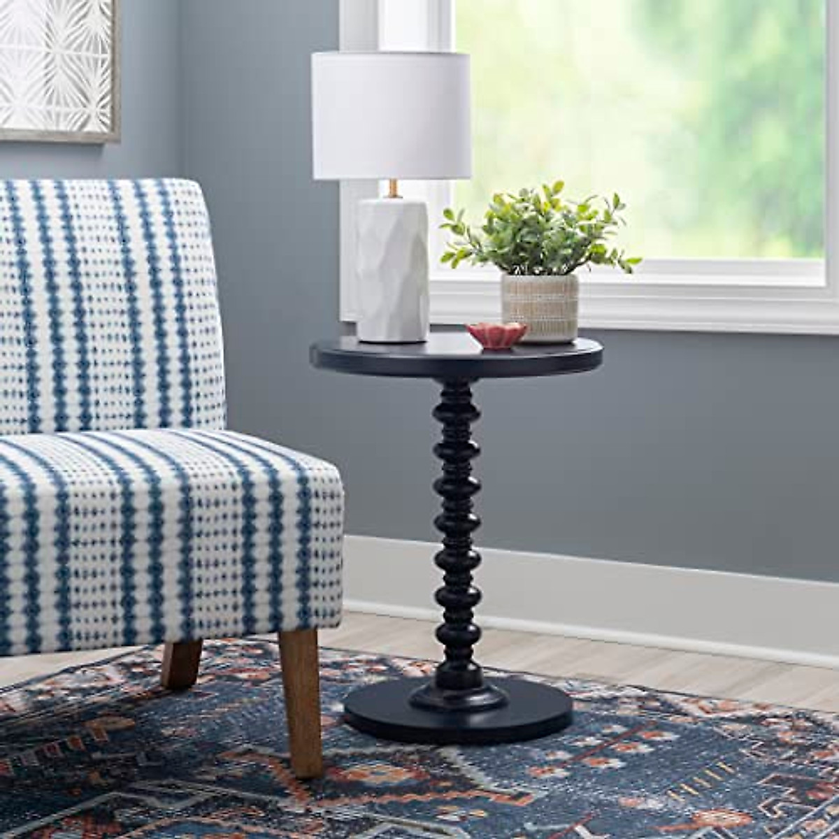 Powell Navy Blue Tarkin Round Turned Spindle Pedestal Side Accent Table