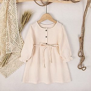 GLIGLITTR Toddler Baby Girl Cotton Linen Dress Long Sleeve Crew Neck Dresses Button Down Sundress Casual Fall White Dress (Beige, 2-3T)