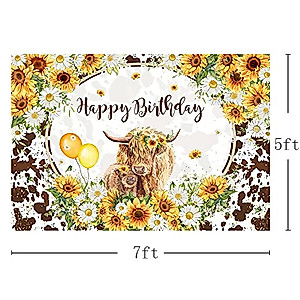 MEHOFOND 7x5ft Highland Cows Floral Birthday Backdrop Brown Cattles Happy Birthday Party Decorations Sunflowers Farm Cow Photography Background for Girls Cake Table Banner Supplies