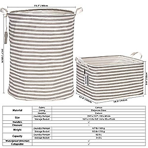 Sea Team 19.7-Inch Canvas Laundry Hamper and 16.5-Inch Canvas Storage Basket Bundle, Purple Stripe