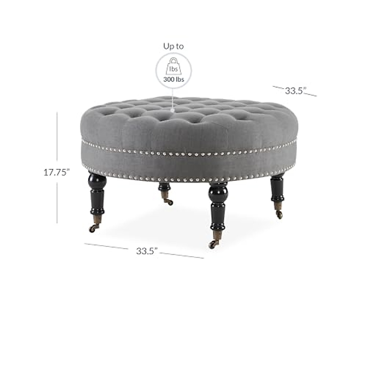 BELLEZE Modern 34 Inch Round Linen Ottoman with Caster Wheels, Contemporary Classic Footsool Bench with Button Tufted Top, Nailhead Trim, Wood Legs - Ravenna (Elephant Grey)