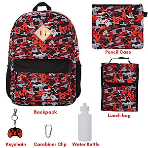 RALME Red Camo Gaming Backpack Set for Boys, 16 inch, 6 Pieces - Includes Foldable Lunch Bag, Water Bottle, Key Chain, & Pencil Case