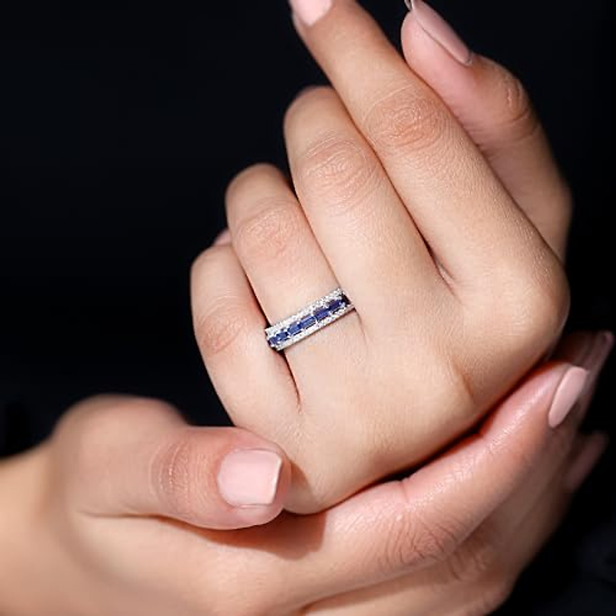 Rosec Jewels Certified Lab Grown Blue Sapphire Eternity Band Ring, Sapphire Diamond Band, Wedding Anniversary Ring, 14K White Gold, Size:US 10.50