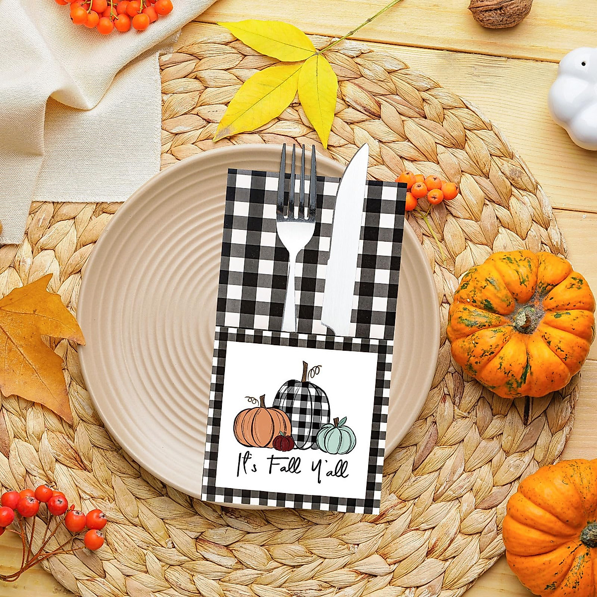 Whaline 36Pcs Fall Thanksgiving Utensil Cutlery Holders Buffalo Plaids Pumpkin Knife Forks Silverware Paper Pouch Bags Autumn Harvest Cutlery Wraps Tableware Holder for Dinner Table Setting Decor