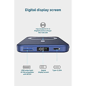 DEKSMO Wireless Power Bank 10000mAh Fast Charging,Slim Magnetic Portable Charger USB C PD 22.5W,Small LED Display QC3.0 External Battery Pack for iPhone 13/12/11/10 Pro Max/Mag-Safe/Samsung/Phones