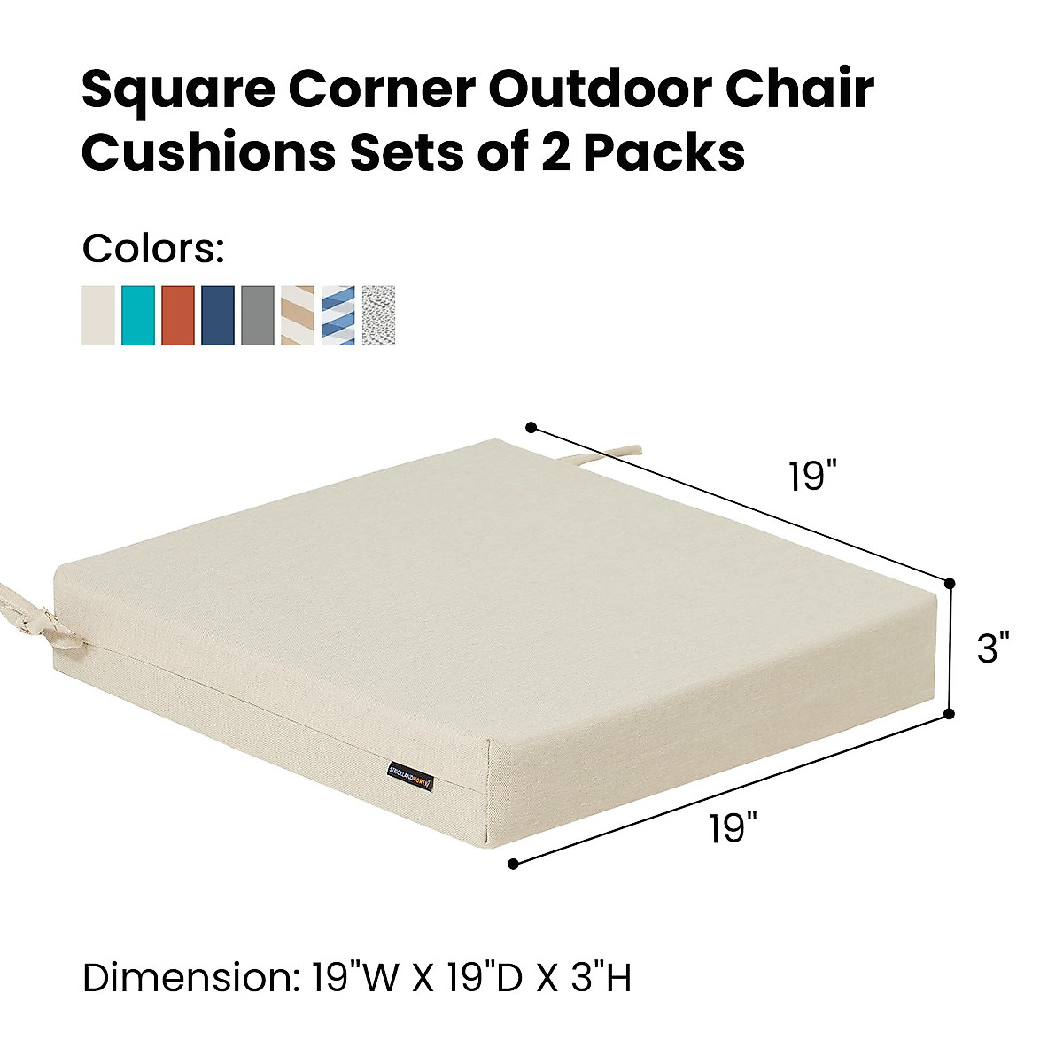 Stricklandhome Outdoor Chair Cushions Set of 2 for Patio Furniture, Square Corner Patio Chair Cushions with Ties, Outdoor Chair Cushions for Dinning Chairs,19" X 19" X 3", Beige