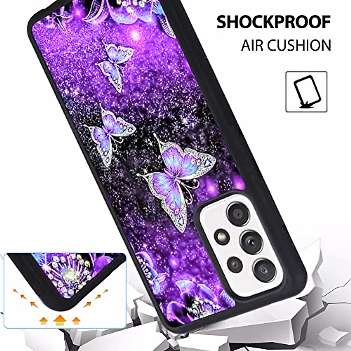 OOK Designs for Samsung Galaxy a53 Case Glitter Purple Butterfly Nebula Space Design Hard PC+Soft TPU Bumper Anti-Slip Ultra Thin Cover Protective Shockproof Case for Galaxy a53