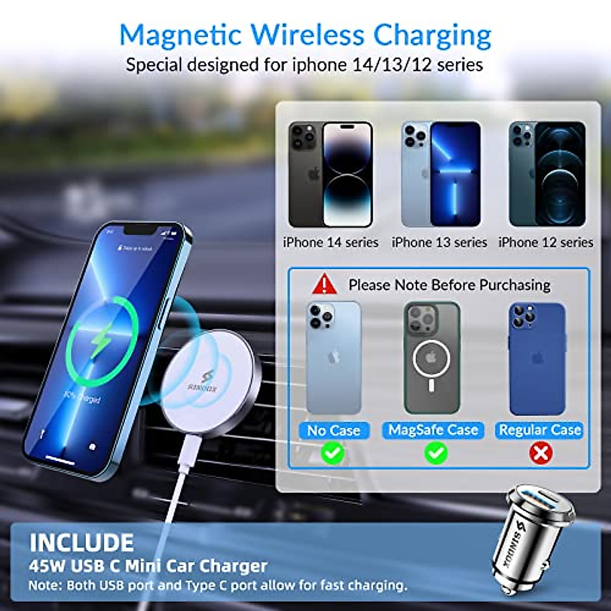 Magnetic Wireless Car Mount Charger for iPhone 14/13/12 Series, SINDOX Alloy Car Vent Mount Charger, with 45W USB C Car Charger, Compatible with MagSafe Charger Holder Fast Charging