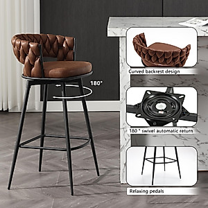 BFZ Modern Bar Stools Set of 2, 30" Bar Height Barstools, 180° Swivel Suede Fabric Stool Chairs with Woven Back and Footrest for Kitchen Island, Cafe, Pub, Bar Counter