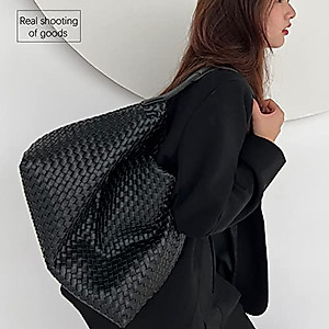Woven Leather Tote Bag For Women Crossbody Shoulder Bag (Black)