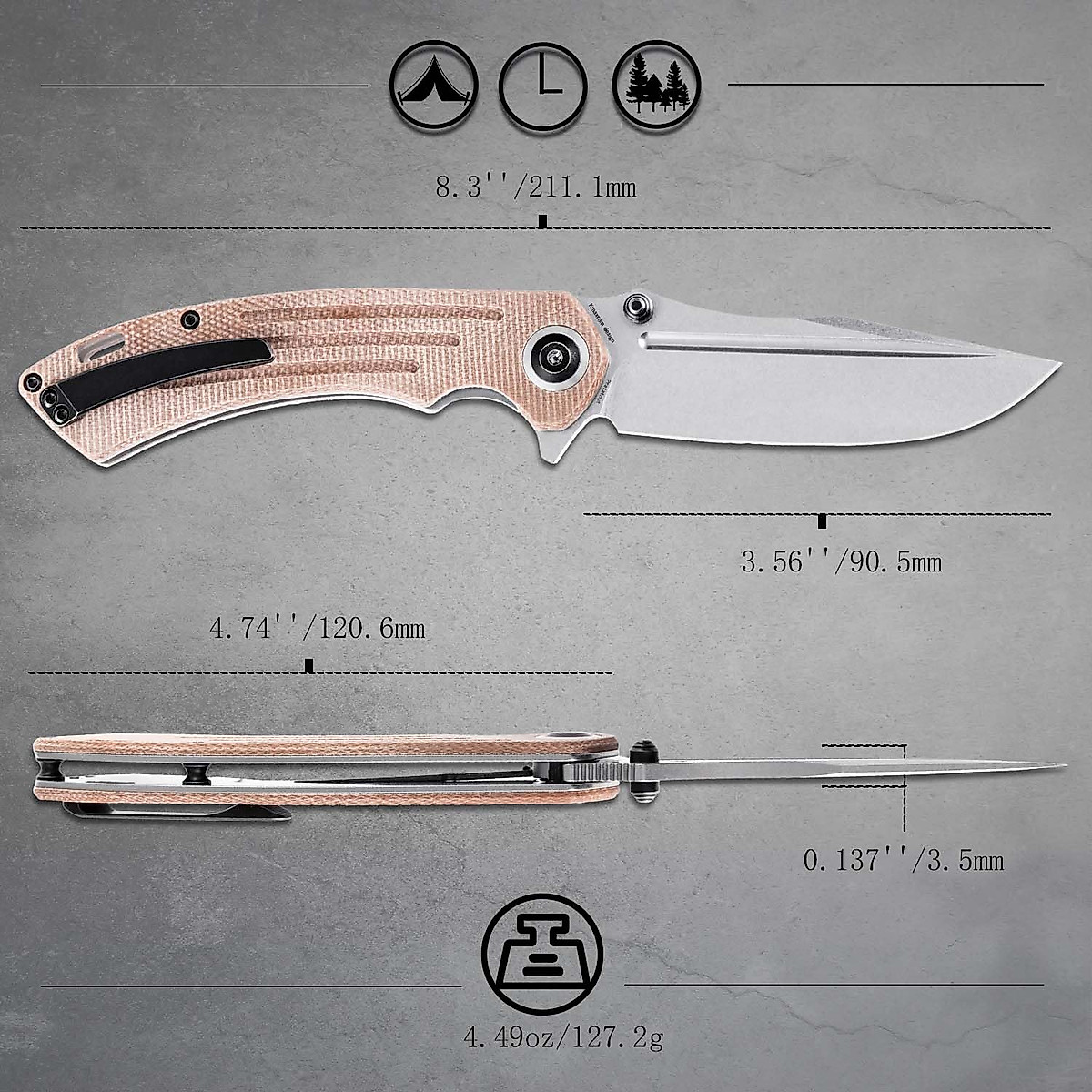 KANSEPT Pretatout Pocket Knives 8.3in Folding Knife with Stonewashed 154CM Blade, Brown Micarta Handle, Pocket Tactical Knife for Men Women, Envelope Opener with Thumb Stud T1032A3