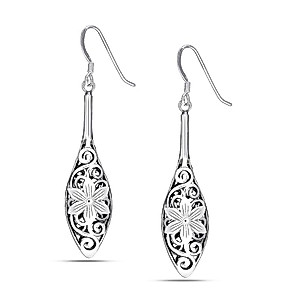 LeCalla 925 Sterling Silver Retro Filigree Drop Earrings | Lightweight Long Filigree Bali Inspired Hollow Flower Teardrop Dangle Hook Earring for Women - 51mm