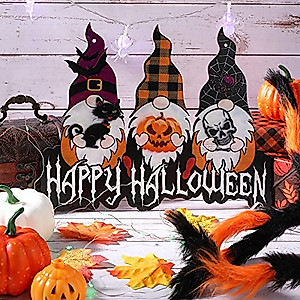 Amyhill Halloween Gnomes Sign Pumpkin Bat Gnome Wooden Plaque with String Lights Happy Halloween Wooden Door Wall Sign with Rope for Yard Indoor Outdoor Garden Decoration, 11.8 x 9.3 Inch