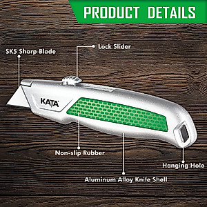 KATA 2 Pack Retractable Utility Knife,Heavy Duty Box Cutters for Cardboard, Boxes, Cartons and Rope,Rubbery Handle,with Extra 10pc SK5 Sharp Blades,GREEN
