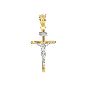 Solid 10k Two-Tone Gold Cross Charm INRI Crucifix Pendant (1.18")