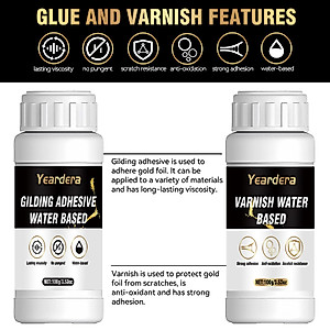 Yeardera Gold Leaf Kit, Gilding Adhesive Set, 100ml Water Based Adhesive and 100ml Varnish with Gold Leaf Sheet 100 pc, for Arts, Craft, Painting, Furniture and Decoration
