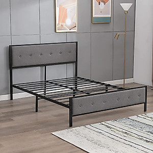 Mixoy Cal King Size Modern Metal Bed Frame with Linen Headboard, Platform Bed with Metal Slat Support, Noise Free, No Box Spring Needed(Cal King/Dark Grey)