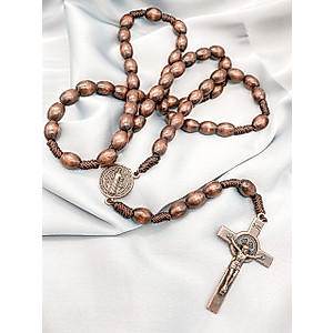 Nazareth Store St.Benedict Wood Beads Rosary Necklace Cord Beaded Catholic Rosary Saint Medal with Cross in Bronze Plating