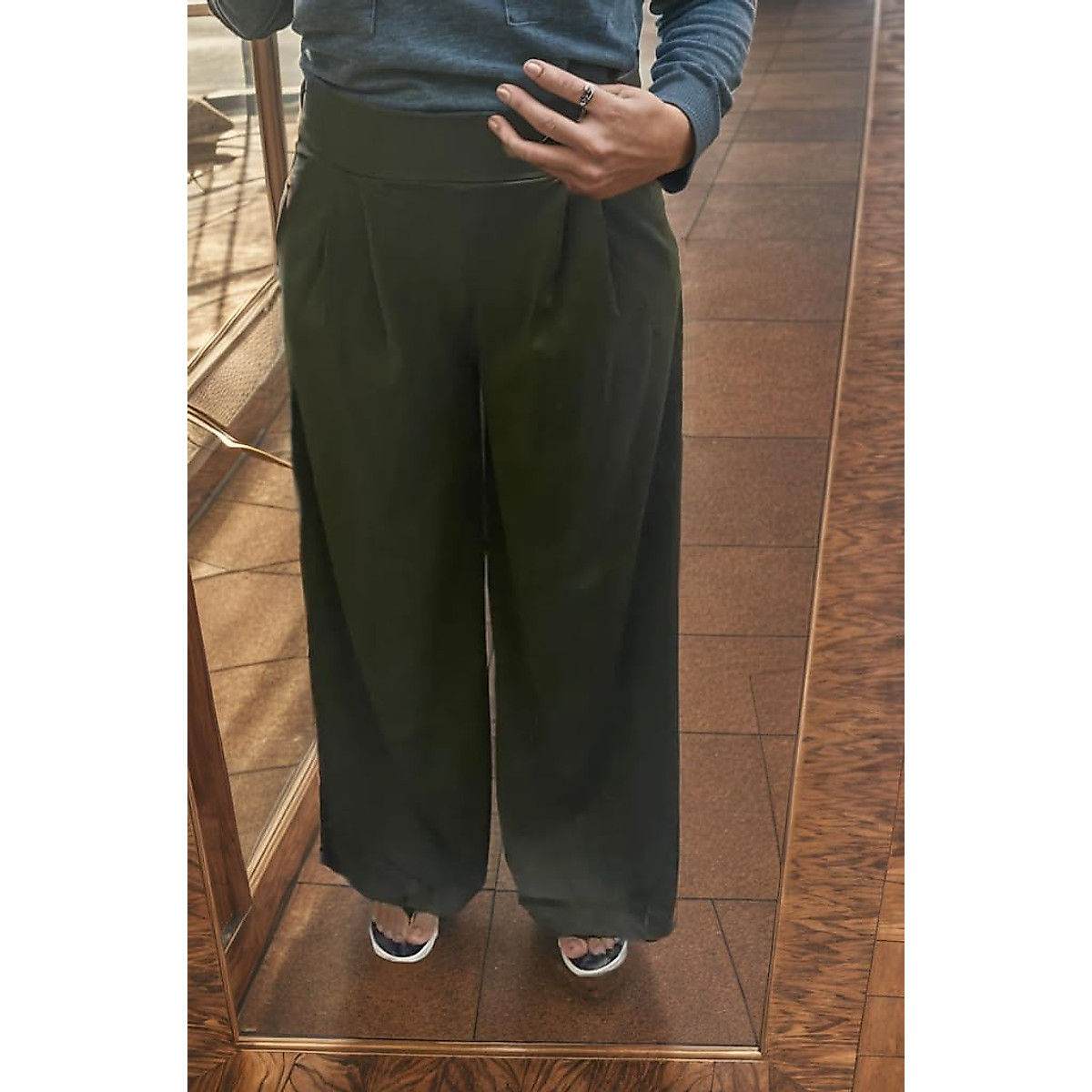 LROSEY Women's Stretchy Solid Color High Waisted Wide Leg Palazzo Pants with Pockets Green