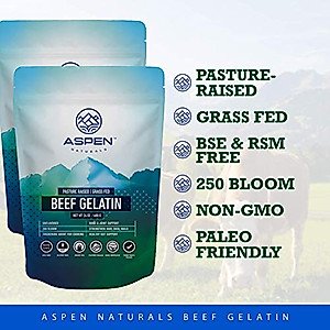 Aspen Naturals Grass Fed Beef Gelatin Powder. Pasture Raised, Grass-Fed Gelatin, Non-GMO, Paleo Friendly (24 oz). Unflavored Gelatin Powder. Easy to Mix Protein Supplement.