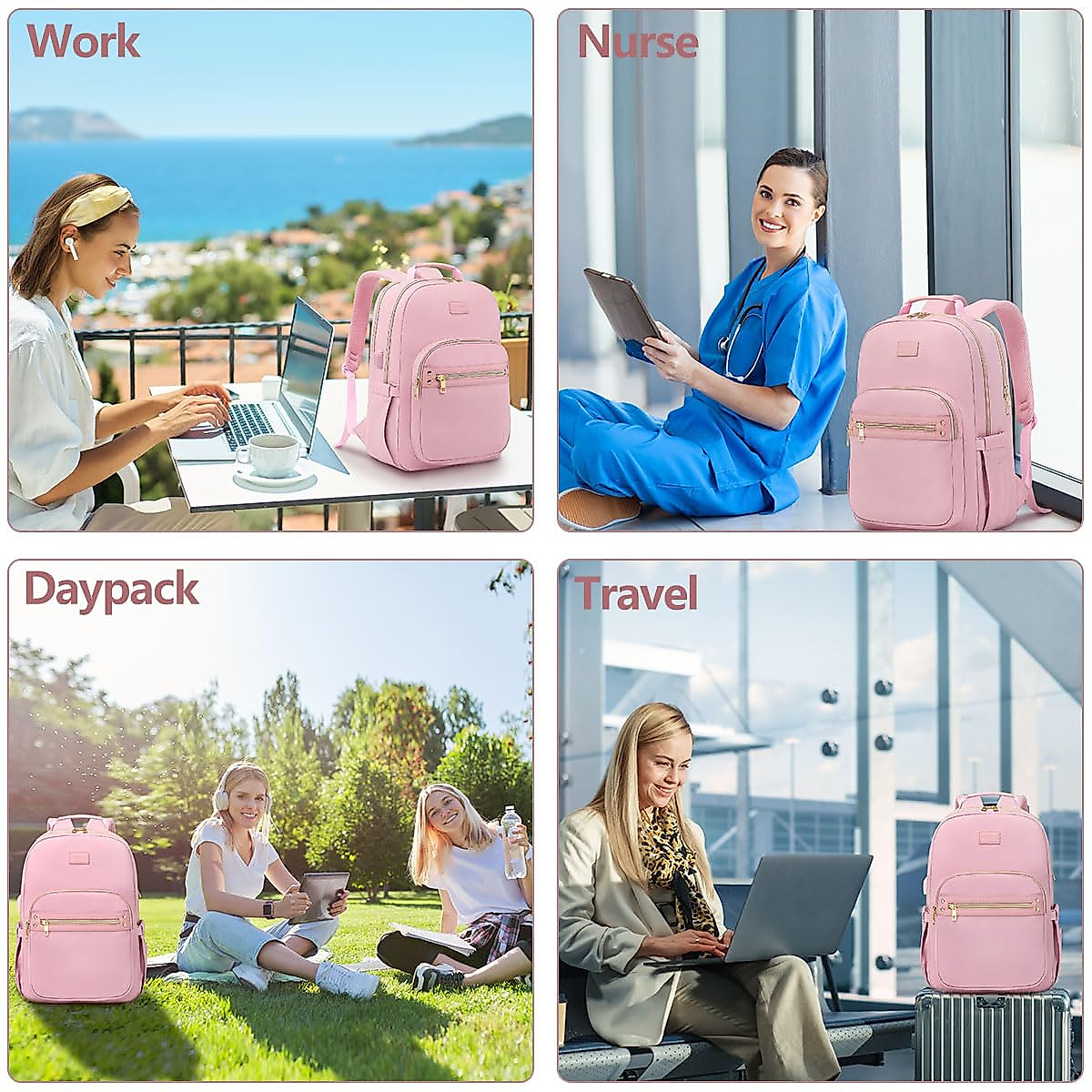 bagswan Pink Laptop Backpack Women Bookbag 15.6 inch School Teacher Bookbag Business Computer Backpacks Purse Travel Work girls College Bags with USB Charging Port Light Back Pack Student