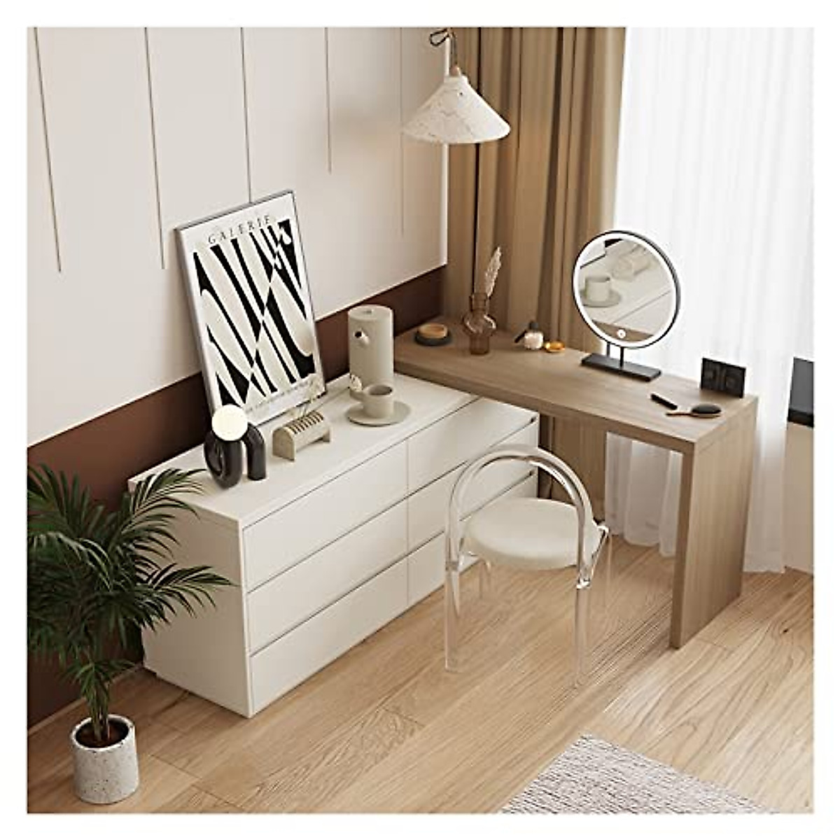 Dressing Table Bedroom Dressing Table Storage Cabinet Combination One Makeup Table Makeup Mirror Makeup Chair Set Removable Telescopic Mobile Cabinet Vanity Desk (Color : Square Stool, Size : 160cm