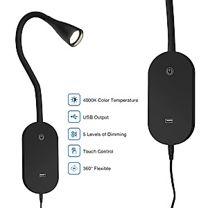 Wall Reading Light, Book Light for Reading in Bed, Touch Control USB Output Modern Reading Lamp,5 Dimmable LED Flexible Gooseneck 4000k Bed Lights, Easy to Install Black