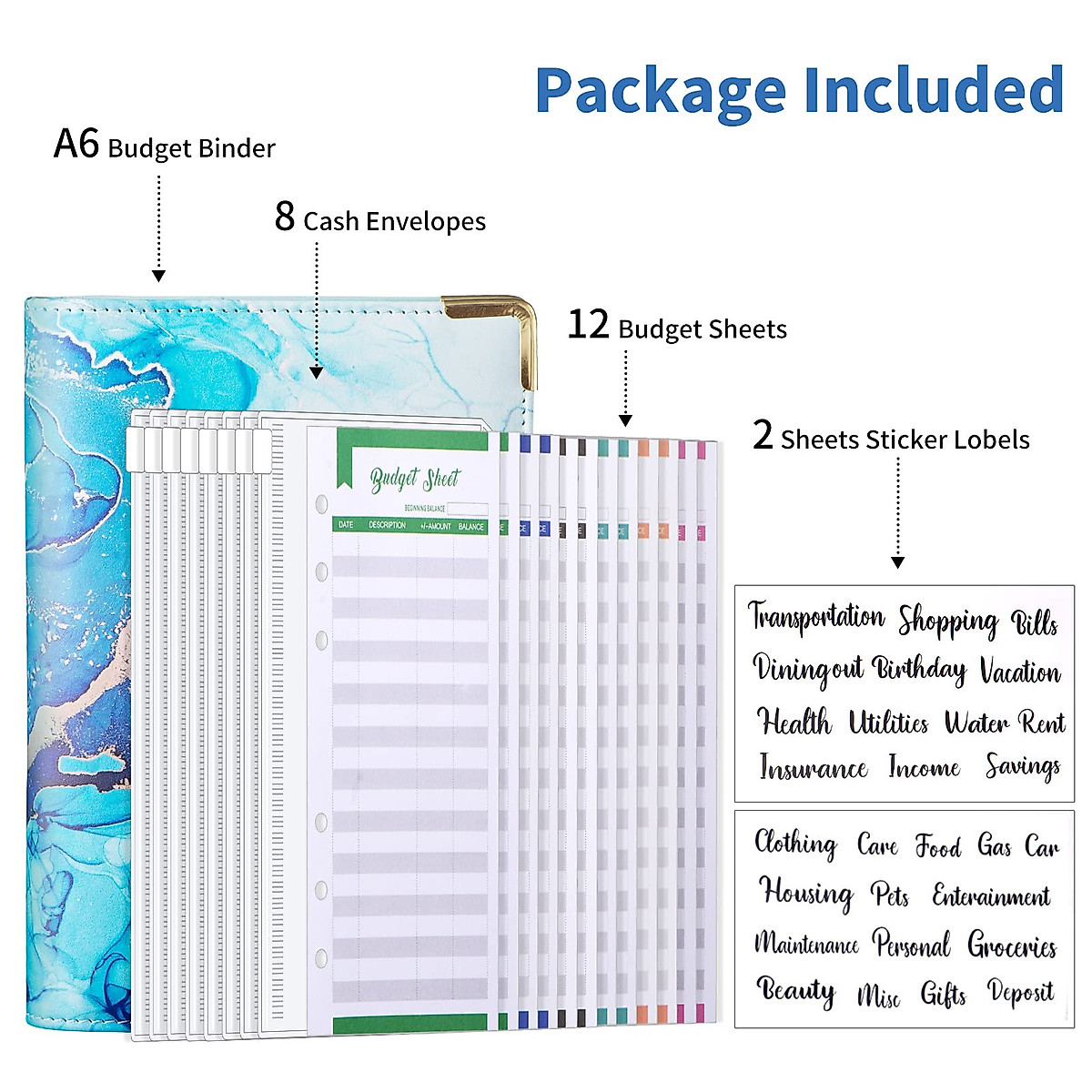 Budget Binder, A6 Marble PU Leather Binder, Money Saving Organizer/ Planner with 8 Zipper Cash Envelopes, 12 Expense Budget Sheets & 2 Letter Label Sticker for Budgeting