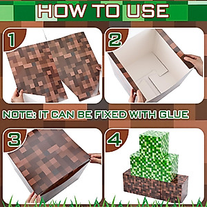 Outus 6 Pcs Large Pixel Mine Party Boxes 11.8 Inch Halloween Trunk or Treat Car Decoration Pixel Miner Video Gaming Box Pixelated Party Favor Vintage Grass Green Brown Birthday Centerpieces Xmas