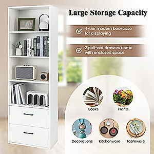Giantex 74" Tall 4-Tier Bookcase with Drawers - Freestanding White Narrow Bookcase with Anti-Tipping Kits, Wood Open Storage Display Cabinet, 4-Cube Bookshelf for Living Room, Bedroom, Office